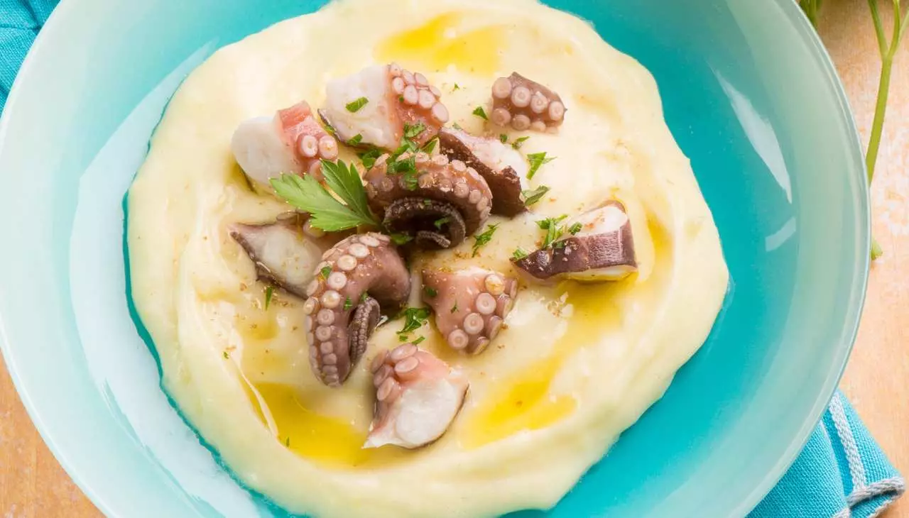 Orange octopus with potato cream