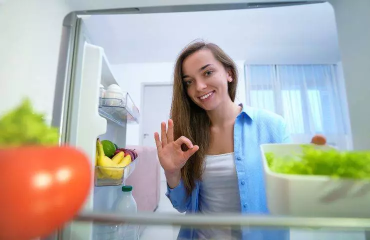 Gadis di hadapan peti sejuk terbuka