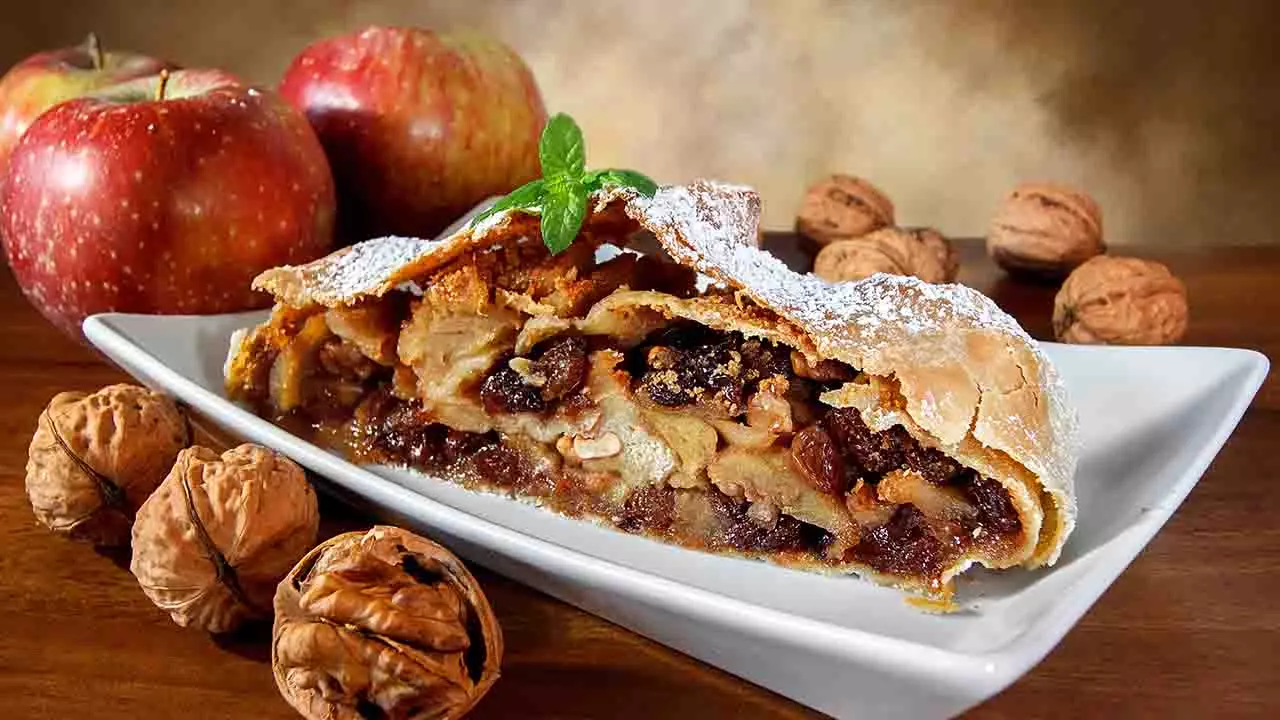 Dessert with apple and dried fruit pastry
