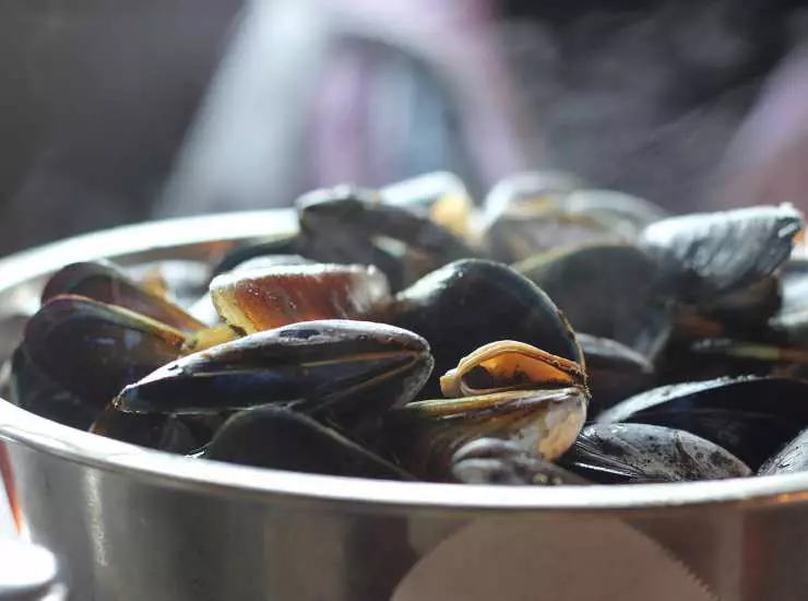 Pasta ជាមួយ mussels នៅក្នុងពណ៌ស