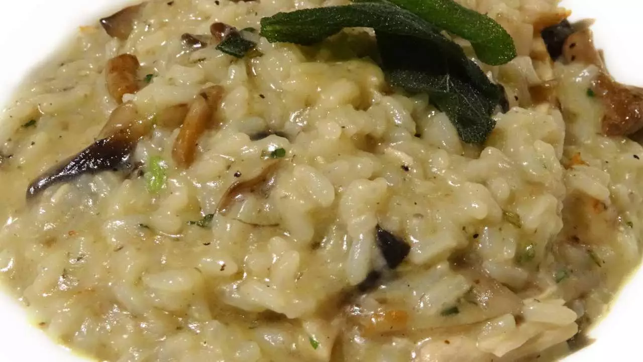 ເຫັດ Porcini risotto ກັບສີຄີມ pistachio, ສະຫງ່າງາມໃນແຜ່ນ