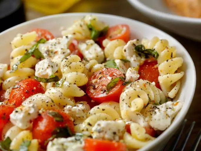 cold pasta, tomatoes and feta
